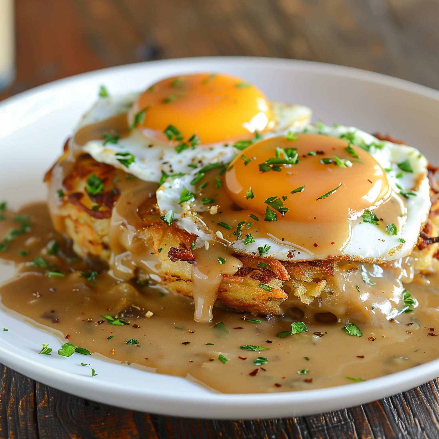 Crispy Hash Browns with Over-Easy Eggs and Gravy