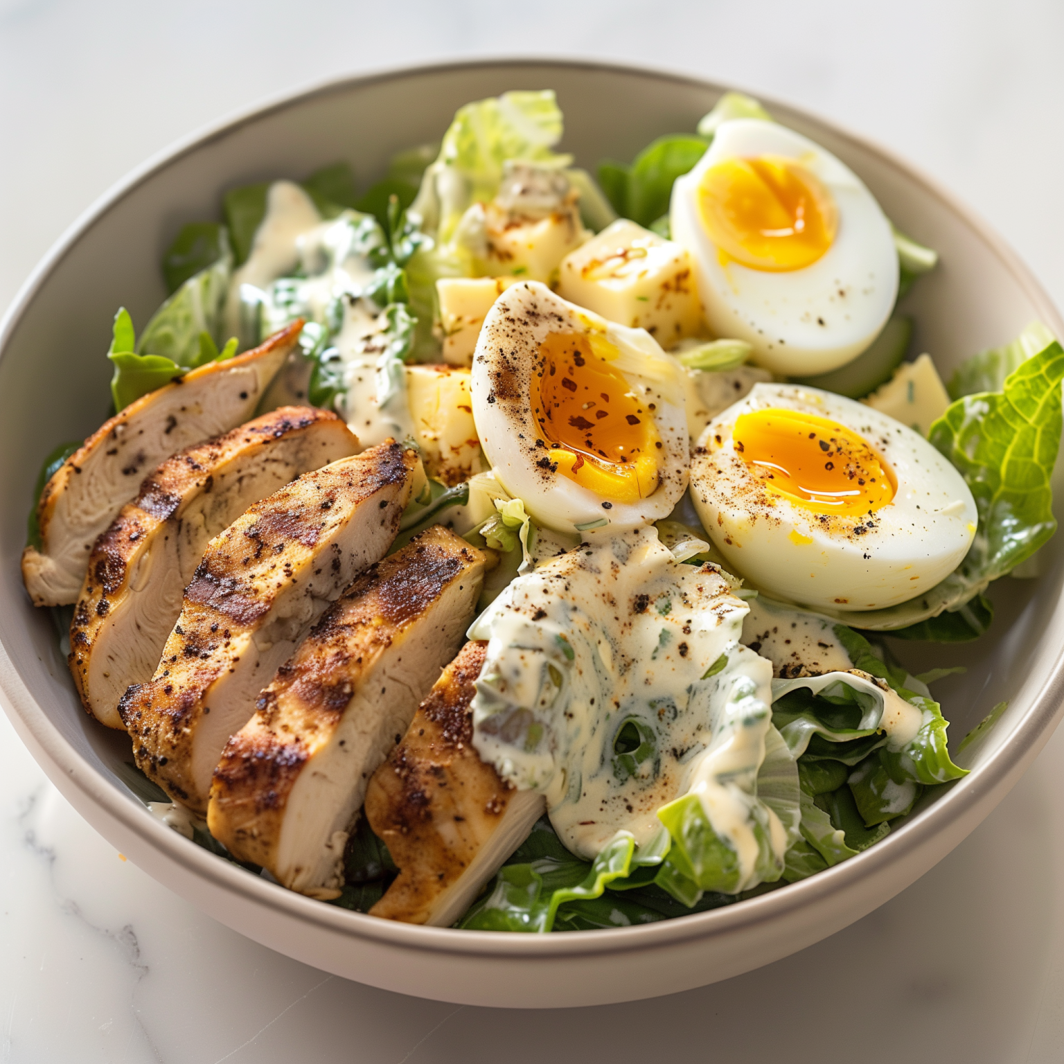 Caesar Salad with Grilled Chicken and Soft-Boiled Eggs