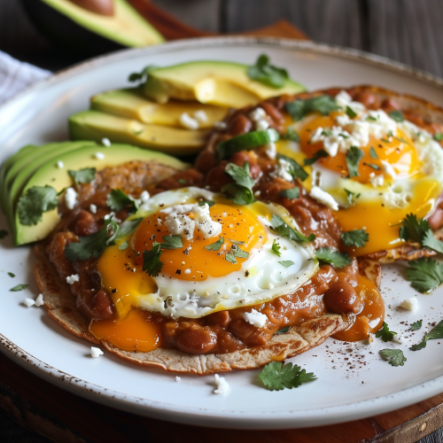 Huevos Rancheros with Avocado and Refried Beans