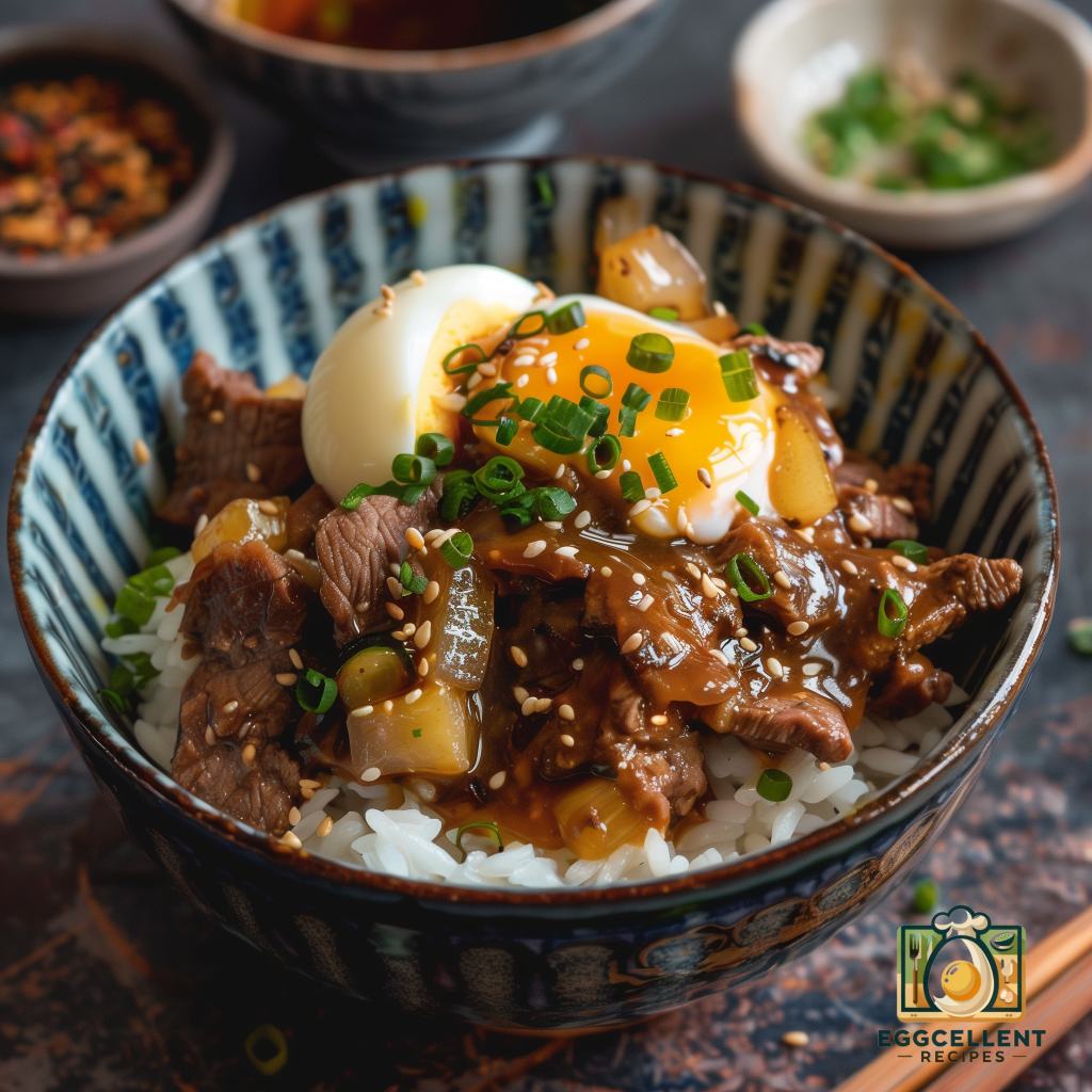 Savory Japanese Beef Rice Bowl (Gyudon) With Soft Boiled Egg