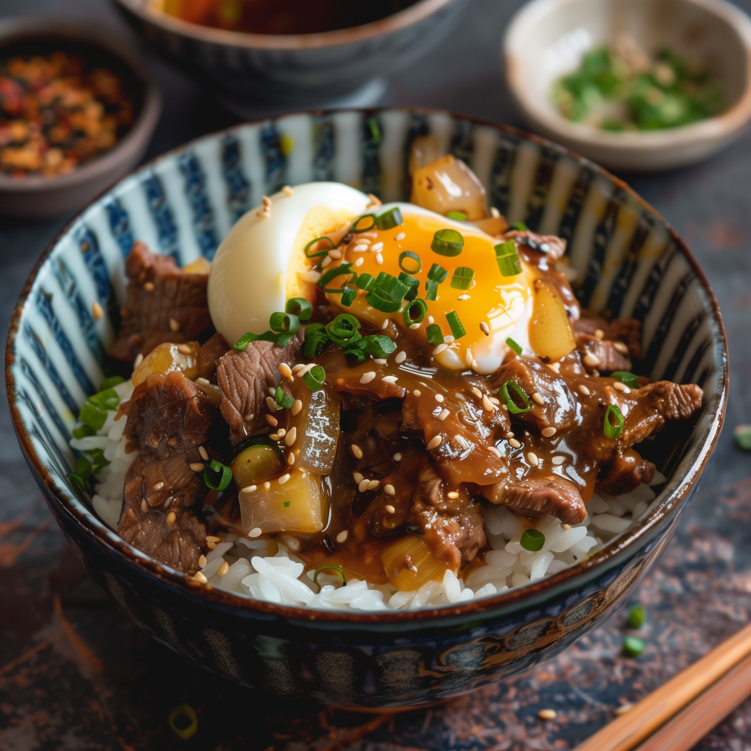 Savory Japanese Beef Rice Bowl (Gyudon) With Soft Boiled Egg
